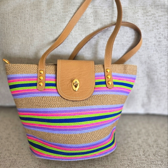 Eric Javits | Bags | Eric Javits Straw And Leather Bucket Striped Tote ...